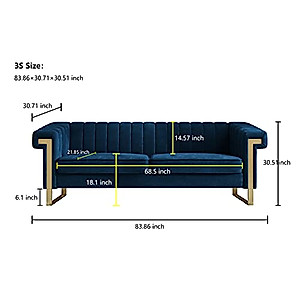 FHDLDS 84 Inch Chesterfield Sofa Mid-Century Modern Velvet Sofa with Flared Arms and Removable Cushions, Upholstered Couch with Stainless Steel Base, Loveseat for Living Room Bedroom Apartment, Blue