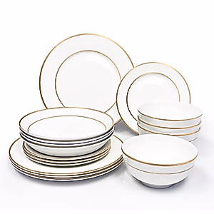 Bone China Dinnerware, 16PC Set, Service for 4, Double Gold Rim, White, Microwave Safe, Elegant Giftware, Dish set, Essential Home, Everyday Living, Display, decoration, Kitchen Dishes, Dinner set