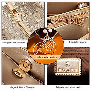 FOXER Designer Chain Pattern Tote Bag with Adjustable Strap and Top Handle - Cow Leather Ladies Handbag with Lock in Gold