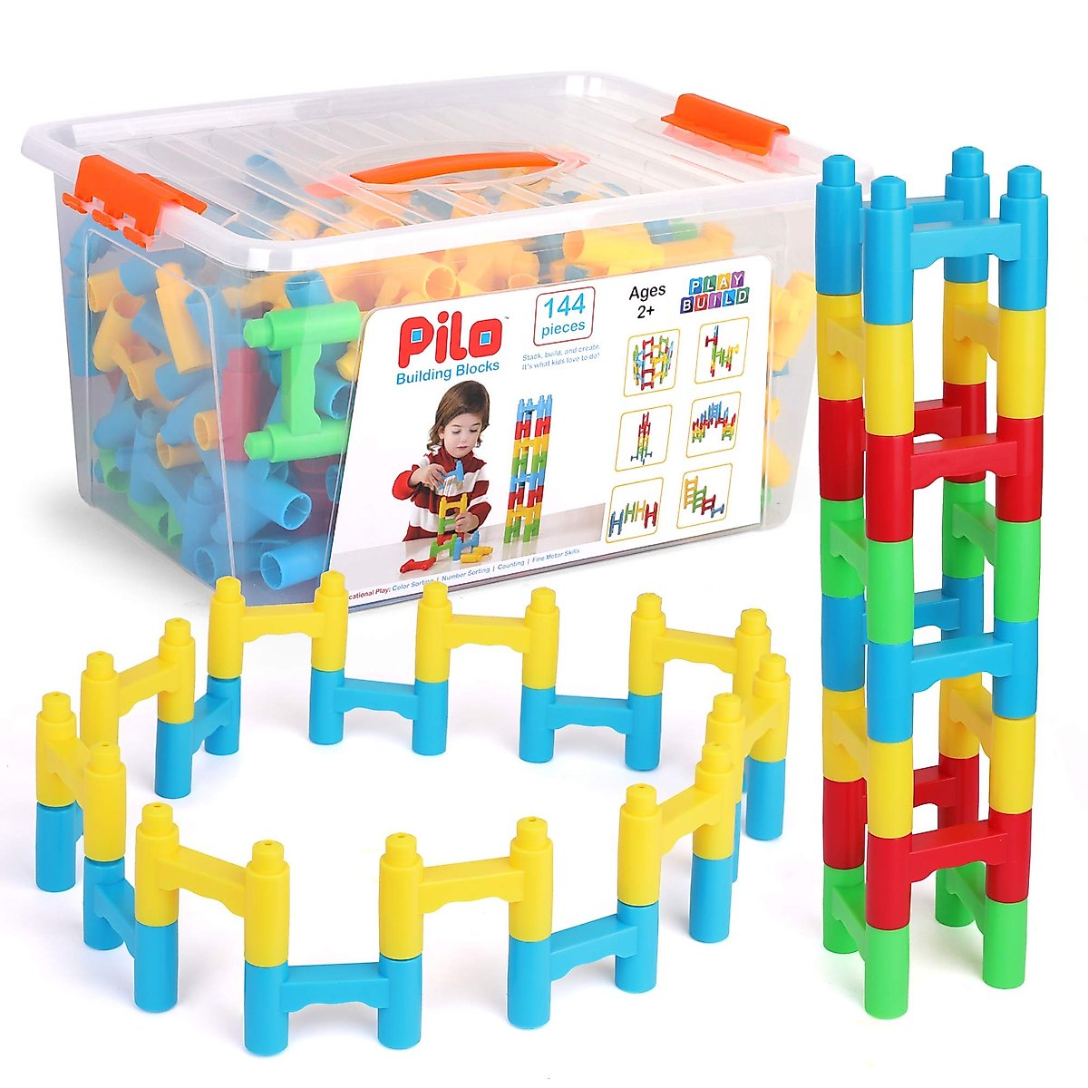PlayBuild Pilo Building Blocks - H Blocks Bridge Constructor Stacking Toy - Fun Educational Construction Toys - Pillar Arch Aqueducts Build with Easy Plastic Storage Container
