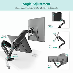 WALI Dual Monitor Stand Arms Mounts, for 2 Monitors, Fully Adjustable Gas Spring Desk Mount Swivel Mounting Holes Bracket with C Clamp, Grommet Base for Display Up to 32 Inch,19.8lbs. (GSMP002), Black
