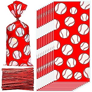100 Pieces Baseball Treat Candy Bags Baseball Cellophane Bags Baseball Goody Plastic Bags with 200 Pieces Twist Ties for Baseball Birthday Party Supplies Decorations (Red)
