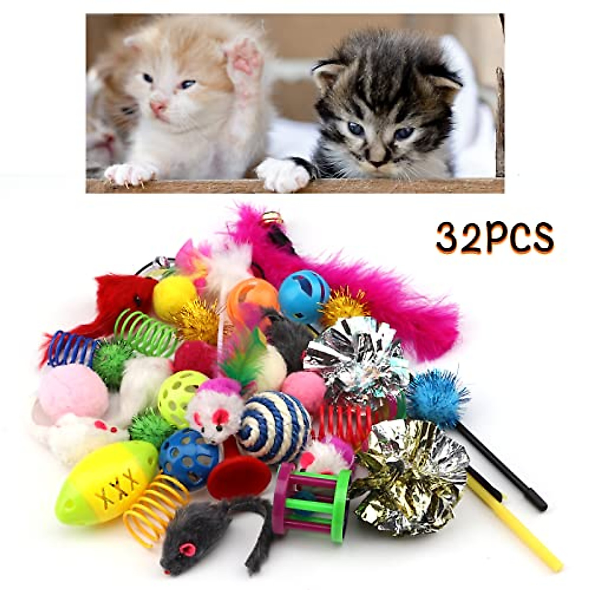 Cat Toys Kitten Toys Assortments, 32 Packs Cat Toys Variety Pack for Kitty, Cat Balls with Bells,Cat Feather Toy, Cat Mouse Toy, Cat Crinkle Balls, Catnip Toys for Indoor Cats Kittens