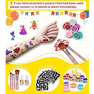 Temporary Glitter Tattoo Kids, Eleanore's Diary 31 Glitter Colors,165 Unique Stencils,2 Glue,4 Brushes,Adults & Kids Arts Glitter Make Up Kit, Gifts for Girls Boys Birthday Party Summer Beach Festival