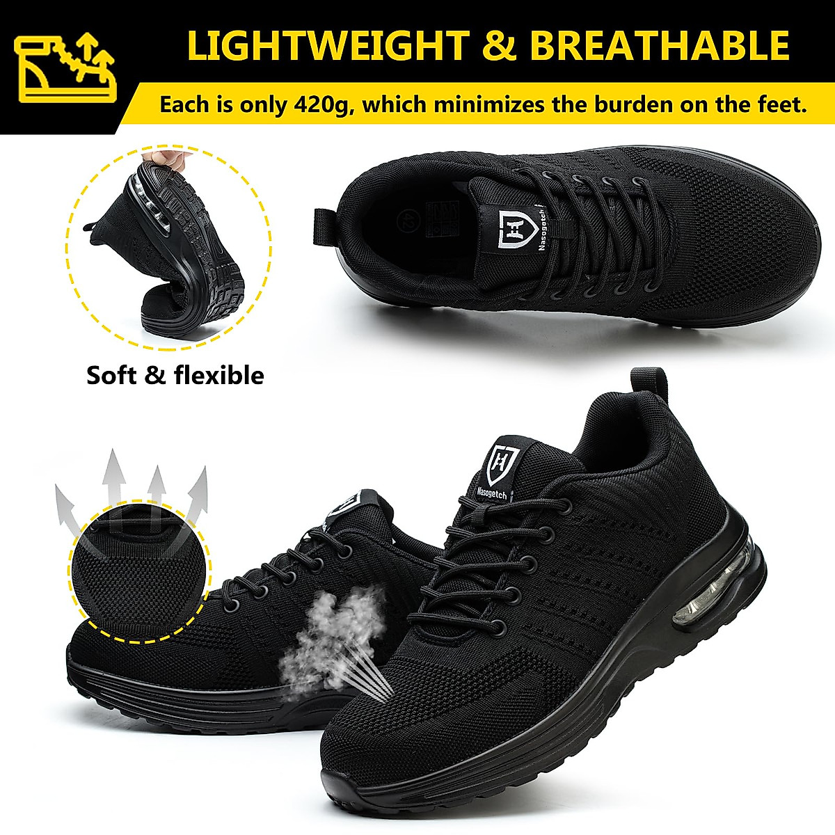 SOGETCH Steel Toe Shoes for Men Women Lightweight Comfortable Work Shoes Indestructible Slip Resistant Safety Shoes for Construction Black 11.5 US Women/10 US Men CN 43