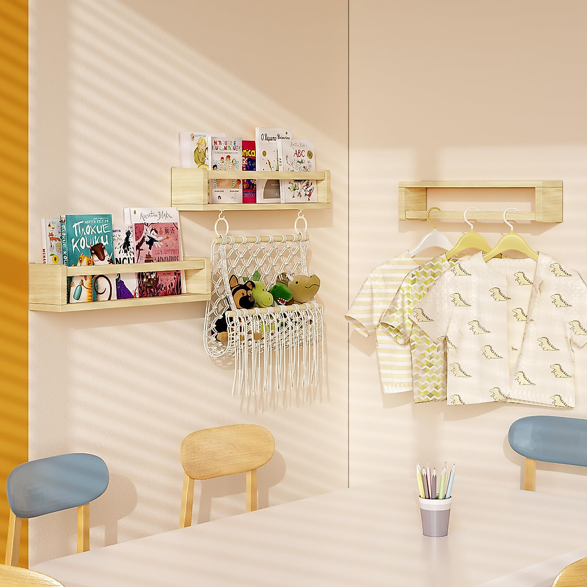 BBLIKE Nursery Book Shelves Set of 3 - Floating Shelves for Wall with Stuffed Animal Net, Wood Wall Mounted Shelves, Hanging Nursery Furniture for Toy Storage and Playroom, Kids Room, Nursery Decor