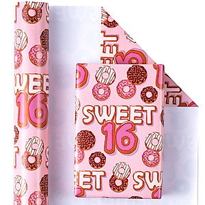 WRAPAHOLIC 16th Birthday Wrapping Paper - Mini Roll - 17 Inch X 33 Feet - Sweet 16 for Birthday, Party, Holiday