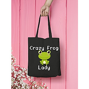 VAMSII Frog Tote Bag Crazy Frog Lady Shoulder Bag Frog Lover Gifts for Women Funny Frog Gifts Shopping Bag(BLK-Frog Lady tote)