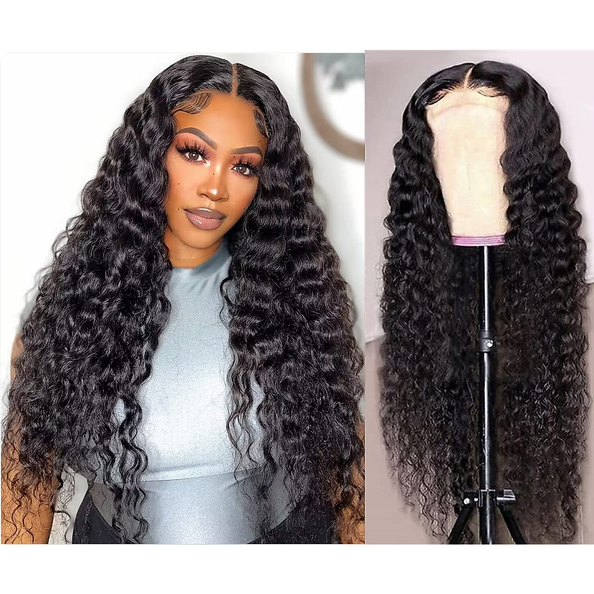 Josblue 4x4 Deep Wave Lace Closure Wigs Human Hair for Black Women Curly Human Hair Wigs Glueless Wigs Human Hair Pre Plucked Deep Wave Peruvian Virgin Wet and Wavy Human Hair Wigs 150% Density