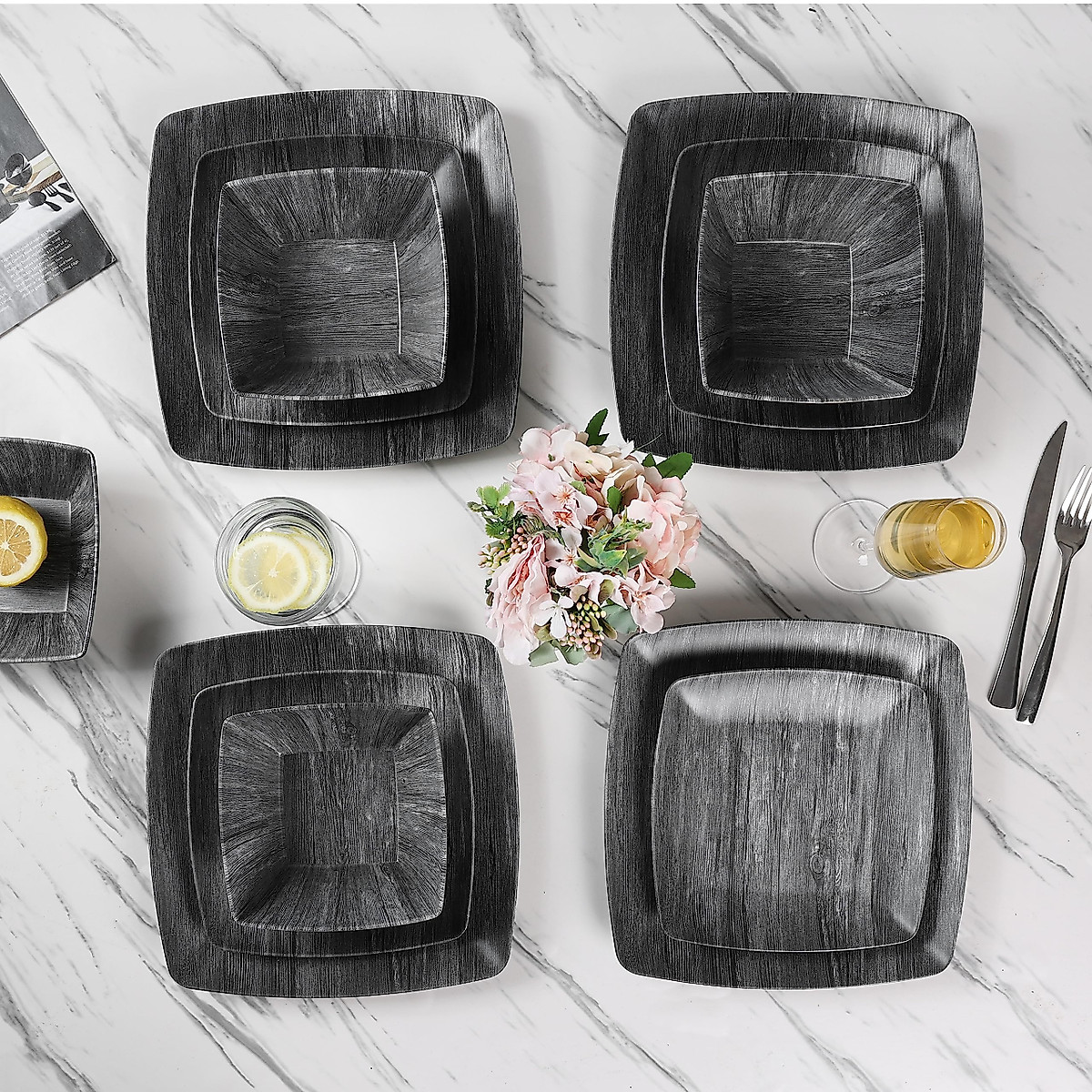 Melamine 12pcs Classic Square Dinnerware Set, Concise Plates and Bowls Set, Service for 4, Dishwasher Safe, Natural Wood Grain Design,black wood