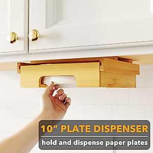 SpaceAid 10-inch Paper Plate Dispenser, Under Cabinet Bamboo Plates Holder, Kitchen Counter Vertical Plate Dipensers Holders Countertop Caddy (for 10 inches Plates, Bamboo)