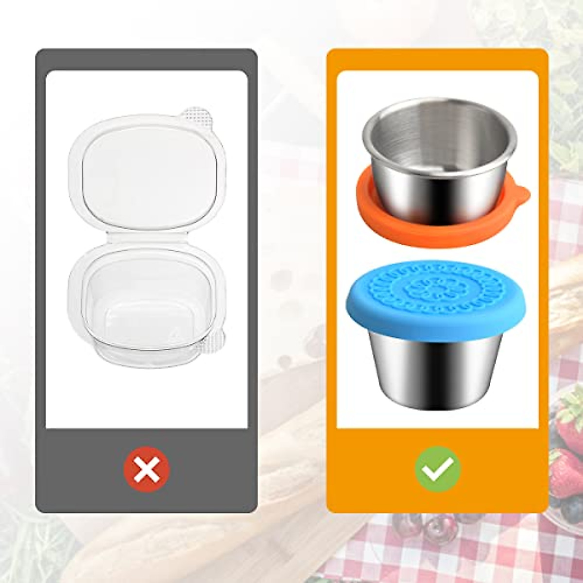 IWITHYOU 6pcs Salad Dressing Container, 3x1.6oz and 3x2.5oz Reusable Stainless Steel Cups with Silicone Lids, Bento Box Condiment Containers for Lunches Kids,Food Storage,Coffee Bean,Picnic,Travel