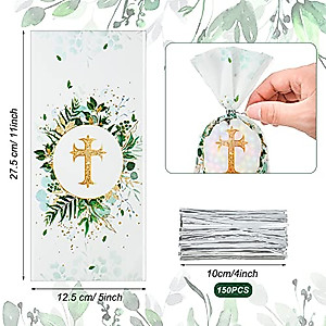 Hotop 100 Pcs Baptism Cellophane Bags Gift Treat Bag Goodie Candy with 150 Ties First Communion Party Decorations Supplies Christening Confirmation Baby Shower Serves for Boy and Girl, Gold