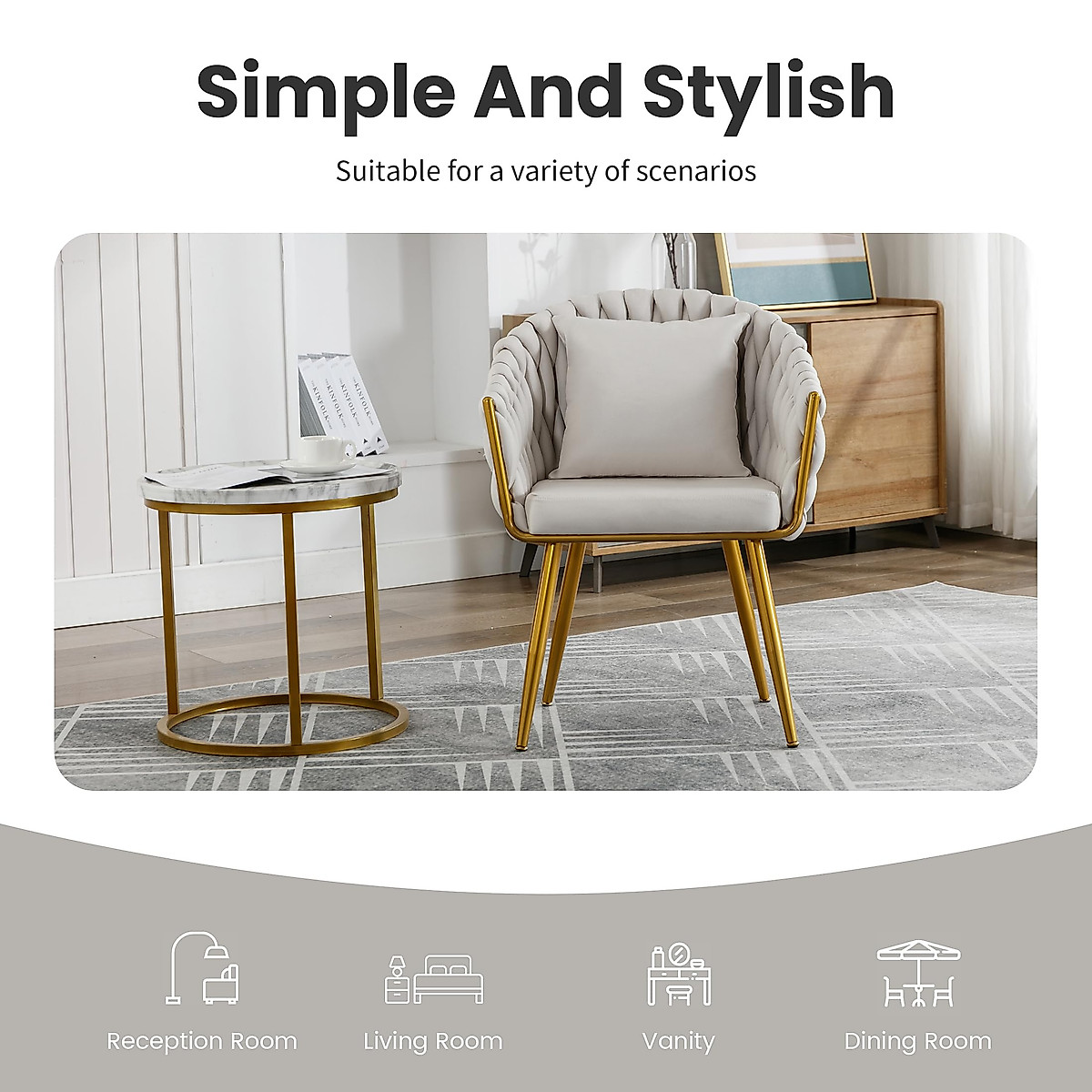 BOSMILLER Woven Dining Chairs, Modern Dining Room Chairs with Gold Metal Non-slip Legs, Curved High Backrest Round Upholstered Dining Chair with Headrest, for Living Room, Dining Room (Beige)