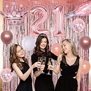21st Birthday Decorations for Her, 94pcs Rose Gold Party Decorations for Girls, 40in 21st Birthday Balloons, 21st Happy Birthday Banner, Pink White Rose Gold Balloon Arch Kit Crown Champagne Balloon