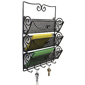 DecoBros Wall Mount 3 Tier Letter Rack Organizer w/ Key Holder, Bronze