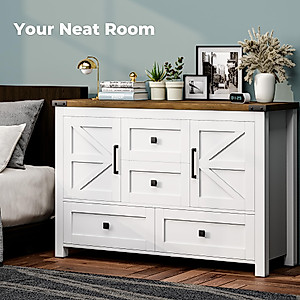 VVFLU Farmhouse White Dresser for Bedroom with 4 Drawers and 2 Barn Doors, White Wood Chest of Drawers 47 Inch Wide, Large, Long, Adjustable Shelves, 5 Legs, Living Dining Room, Entryway, Hallway