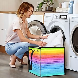 Blueangle Rainbow Striped Cube Storage Bin with Handles, 13 x 13 x 13 in, Large Collapsible Organizer Storage Basket for Home Décor（84）