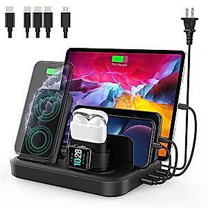 seenda Wireless Charging Station for Multiple Devices - 6 in 1 USB Charging Dock Built-in AC Adapter with 10W Max Wireless Charger Stand and 5 USB Ports for iPhone, iPad, Android, Apple Watch, AirPods