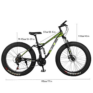 Fat Tire Mountain Bike, 26'' 21 Speed Outdoor Snow Beach Hybrid MTB Racing Bikes for Adult Women Men, Comfort Complete Cruiser Bicycle, Lightweight City Commuter Road Cycling, Dual Disc Brakes (N)