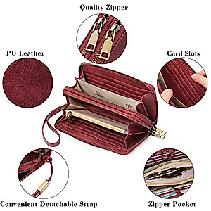 GAEKEAO Wallet for Women Double Zipper Phone Clutch RFID Blocking Vegan Leather Wristlet Purse Large Capacity Long Credit Card Holder with Grip Hand Strap