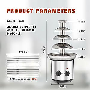 FUNYEE Chocolate Fountain Machine, 3.4 lbs 4-Tier Electric Chocolate Fondue Fountain Set with 10PCS Forks, Stainless Steel Cheese Fountain Melting Pot for Chocolate Candy, Ranch, Nacho Cheese
