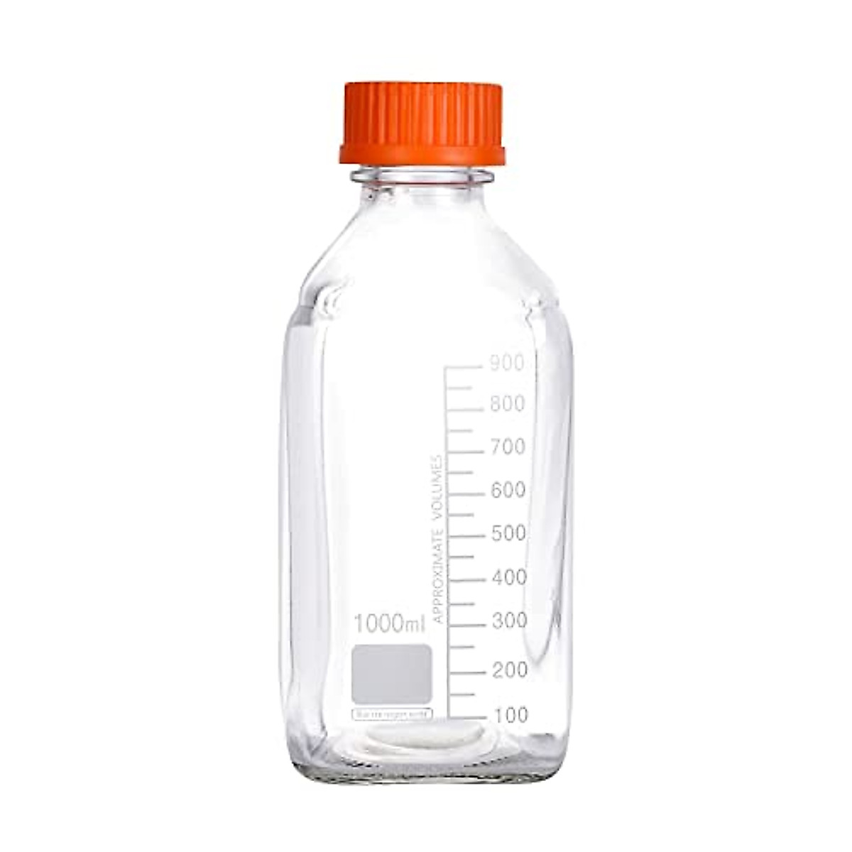 Pastein 4 Pack 1000 mL Graduated Square Reagent Media/Storage Glass Bottle With GL45 Orange Polypropylene Screw Cap