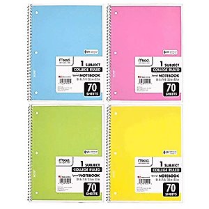 Mead Spiral Notebook 4 Pack of 1-Subject College Ruled, Pastel Color COLOR WILL VARY, Spiral Bound Notebooks, Cute school Notebooks 70 Pages