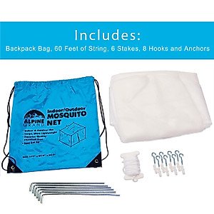 Premium Mosquito Net for Double Bed, crib, hammock or camping by Alpine Grand, Full hanging kit with extra-long strings and 8 hooks, Free Carry Bag