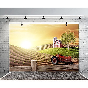 LFEEY 7x5ft Morning Busy Farm Photography Background Fresh Sunrise Country Hills Agriculture Farmland Truck Rural Farming Barn Tractor Photo Backdrop Photo Studio Props