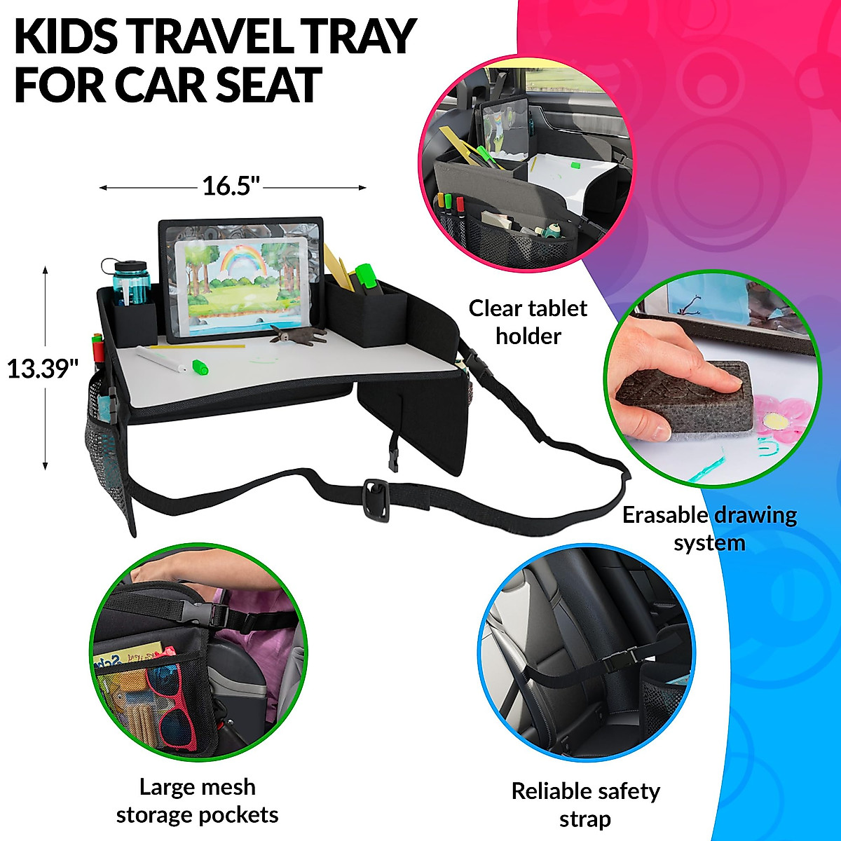 AMZ Supply Kids Travel Tray, 6 Compartments, Tablet Stand. Folding Travel Tray for Kids Car Seat. Compact Car Seat Tray for Kids Travel. Travel Table for Kids in Car. Toddler Travel Tray for Car Seat