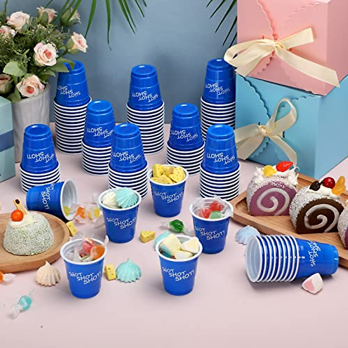 Lounsweer 100 Pieces Plastic Cups 2 oz Disposable Cups Mini 2 oz Party Glasses for Bachelorette Birthday Tasting Serving Samples Cups Halloween Christmas Party Favors Supplies (Blue)