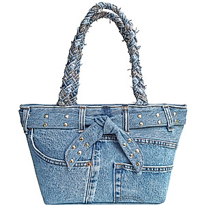 Upcycling Blue Denim Jeans Trapeze Bag Silver Stud Bow-Tied Braided Strap Top-Handle Handbag Purse for Women