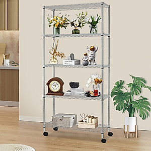 FDW Storage Shelves Adjustable Storage Rack Wire Shelf with Wheels Outstanding Load Metal 5 Tier Shelves Shelf Storage Solution for Small Spaces Multifunctional Easy Assembly,Chrome