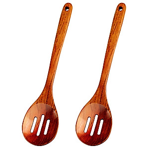 LorisArm 2PC Slotted Cooking Spoon Set, 12" Solid Wood Serving Spoons for Mixing Stirring, Nonstick Kitchen Utensils.