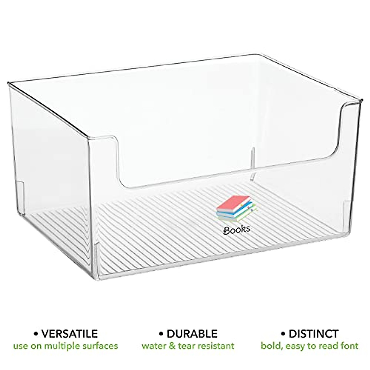 mDesign Plastic Open Front Wide Toy Storage Organizer Bin for Playroom, Nursery, Kids Closets; Holds Action Figures, Crayons, Building Blocks, Puzzles - Ligne Collection - 4 Pack + 24 Labels - Clear