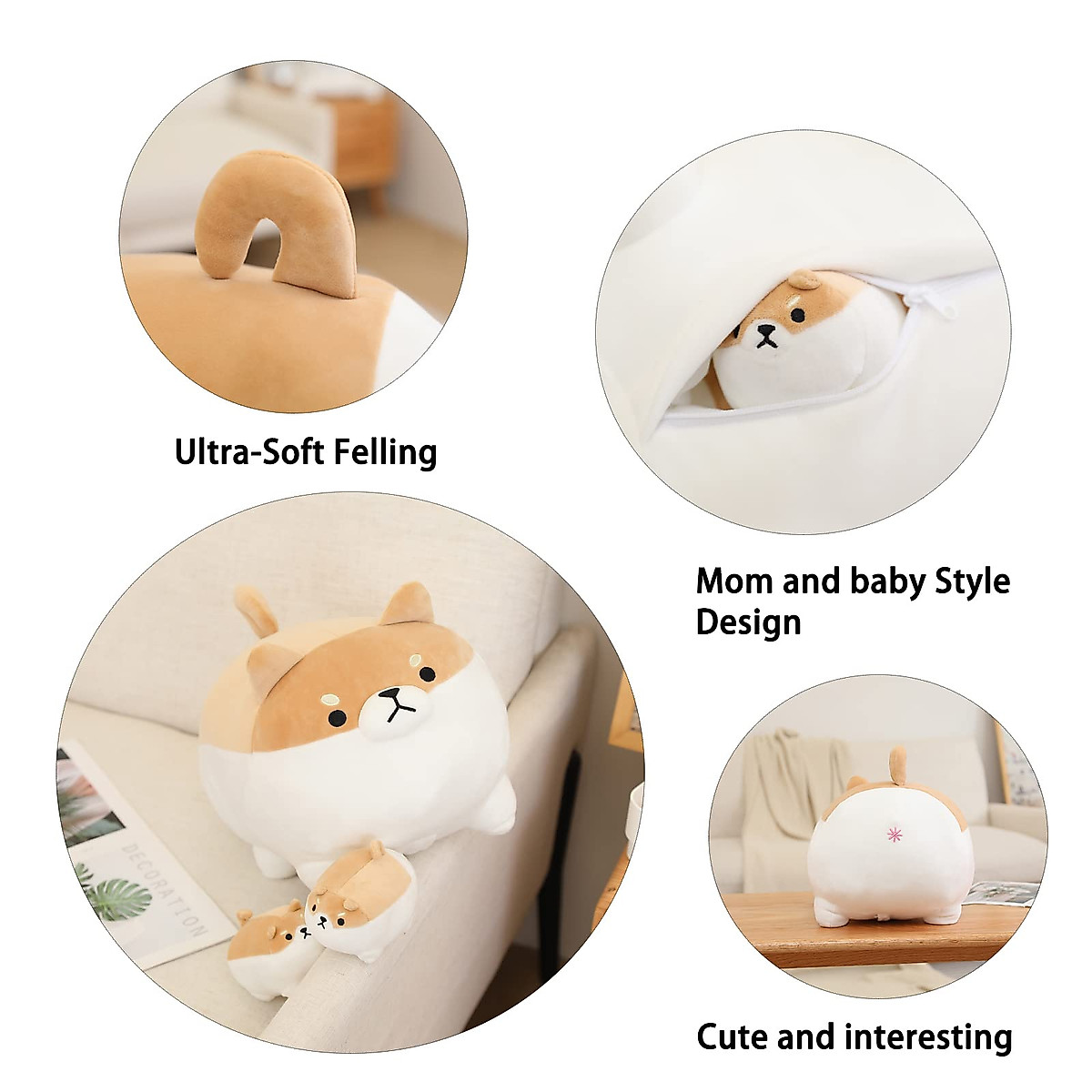 SQEQE Stuffed Animal Shiba Inu Plush Toy with 4 Baby Shiba Inu Plushies in her Tummy, Stuffed Cotton Plush Animal Toy Gift for Kids