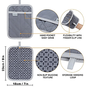 VHAUSE Pot Holders with Pocket Set of 4 - Soft Cotton Hot Pads with Non-Slip Silicone Grip and Hanging Loop - Heat Resistant Kitchen Potholders Trivet Mats for Hot Pots Pans Oven Gray