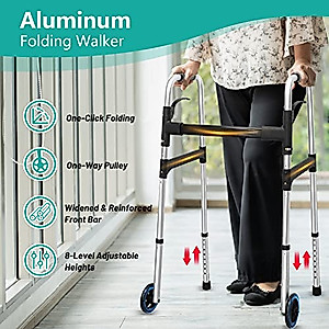 Nurhome Compact Folding Walker with Trigger Release and 5" Wheels Walker for Senior Lightweight Adjustable Height Supports up to 350 lbs