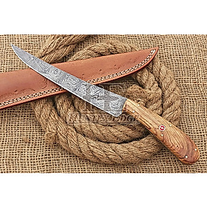 HUNTEX Handmade Hand-Forged Twist Pattern Damascus Steel 11.5 Inch Long Full Tang Olive Wood Handle Razor Sharp Hunting Camping Fillet Knife w/Genuine Leather Pouch