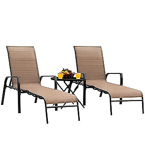 GUNJI Lounge Chairs for Outside 3 Pieces Patio Chaise Lounge Outdoor Adjustable Textilene and Folding Pool Lounge Chairs Set of 2 with a Large Tempered Glass Table (Brown)