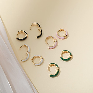 Lourny Small Hoop Earrings for Women, 18K Gold Plated Hypoallergenic Cute Enamel Huggie Earring Gifts for Women (Black)