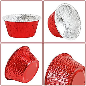Aluminum Foil Baking Cups, Mateebake 4 Oz Disposable Ramekin Aluminum Cupcake liners, Red Foil Baking Cups Muffin Liners for Cupcake, Baking, Egg Tart, Pudding, Creme Brulee (150 Pcs)