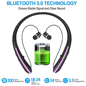 Bluetooth Headphones,Retractable Wireless Earbuds Neckband Headset Sports Noise Cancelling Stereo Earphones with Mic 24 Hrs Playtime Call Vibrate Alert(2020 Upgrade) (Black/Pink)