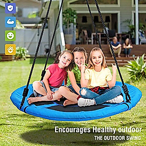 Trekassy 700lb 40 Inch Saucer Tree Swing for Kids Adults 900D Oxford Waterproof with 2pcs Tree Hanging Straps, Steel Frame and Adjustable Ropes Blue