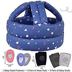 Baby Safety Helmet, Infant Baby Head Protector with 3 Pairs Baby Knee Pads for Crawling & 3 Pairs Baby Socks, Head Cushion Bumper Bonnet, Soft Headguard for Toddler Learning to Walk, Geometric Blue