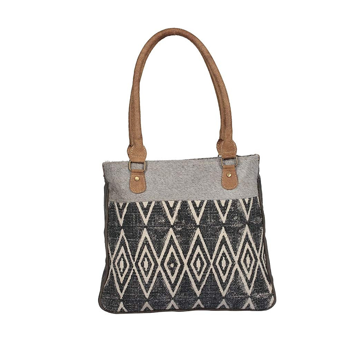 Diamond Pattern Print Upcycled Canvas and Hair-On Leather Handbag