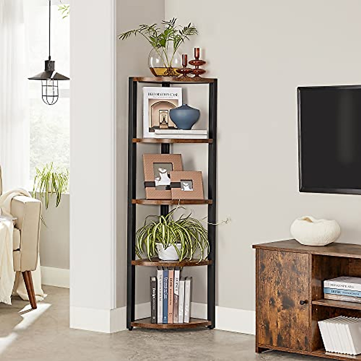 VASAGLE 5 Tier Corner Shelf Stand, Corner Bookshelf, Tall Corner Storage Shelves, Industrial Rack Plant Stand for Living Room, Bedroom, Home Office, Rustic Brown and Black ULLS801B01