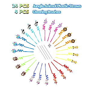 24 Reusable Jungle Animal Plastic Straws for Lion Fox Zebra Giraffe Safari Birthday Party Supplies Favors,Woodland Animal Birthady Party Decorations Straws with 4 Cleaning Brushes