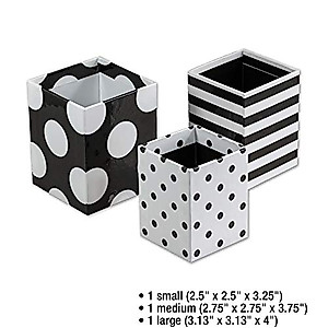Schoolgirl Style Simply Stylish 3-Piece Polka Dot Pencil Cup Holder Set, Assorted Black and White Pencil Cup Holders, Classroom Supplies Organizer for Desk Organization, Black & White Classroom Décor